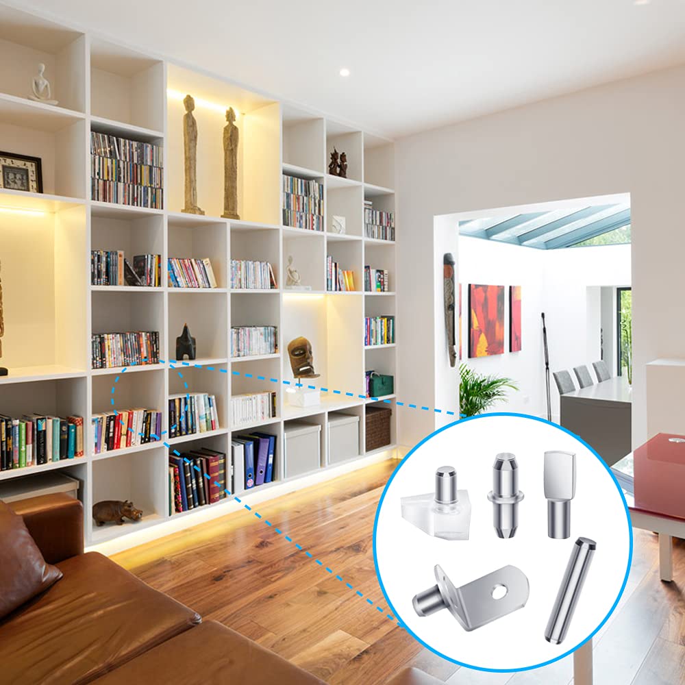 SEANSDA 150PCS Shelf Pegs for Shelves, 5 Styles Shelf Pins, Kitchen Cabinet Shelf Pegs, Metal Shelf Support Pegs, Nickel Plated Shelf Holders Pegs, Shelf Clips for Wood Shelving Bookshelf (5mm & 6mm)