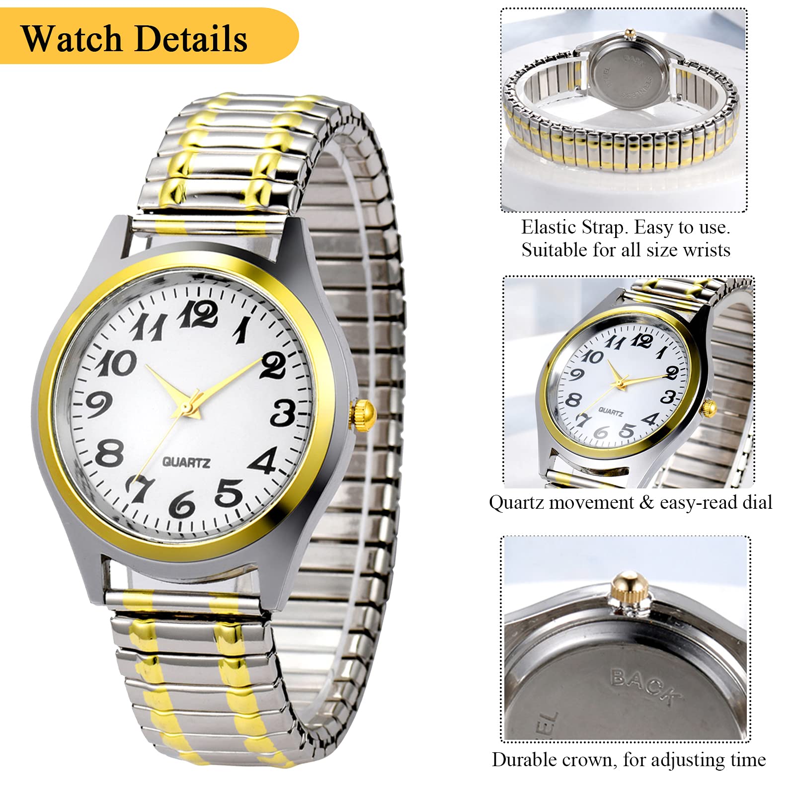 JewelryWe Mens Ultra Thin Easy Reader Watch with Elastic Strap Golden-Silver Watch