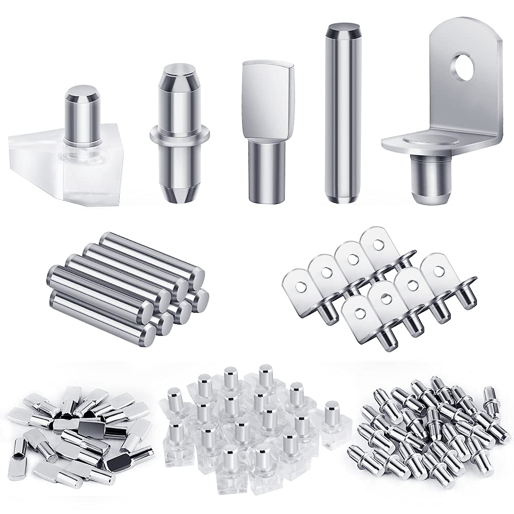 SEANSDA 150PCS Shelf Pegs for Shelves, 5 Styles Shelf Pins, Kitchen Cabinet Shelf Pegs, Metal Shelf Support Pegs, Nickel Plated Shelf Holders Pegs, Shelf Clips for Wood Shelving Bookshelf (5mm & 6mm)