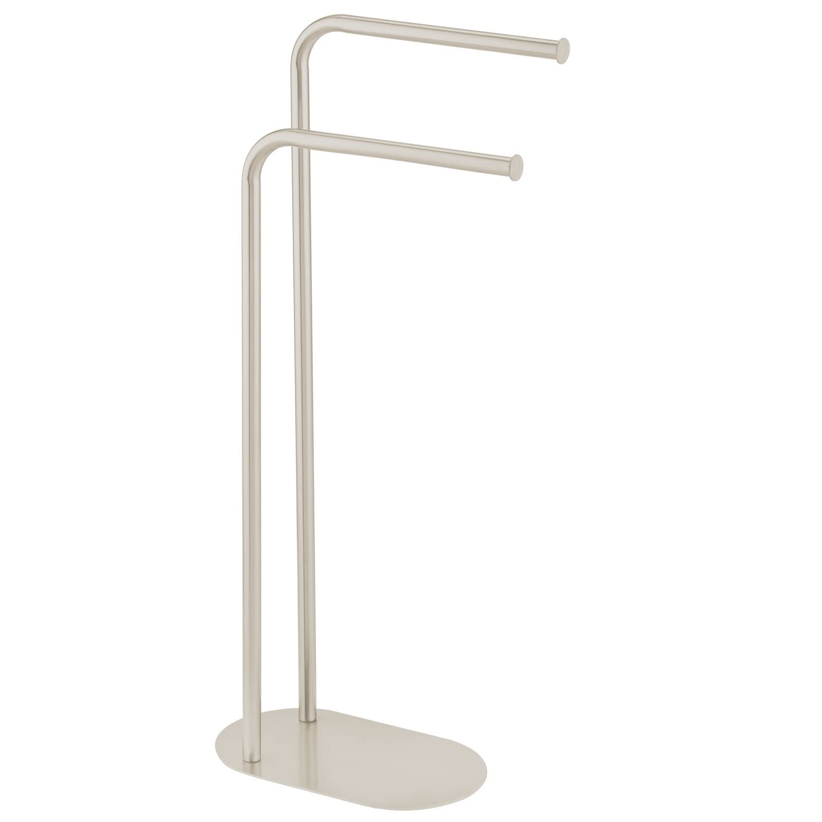 mDesign Tall Stainless Freestanding Towel Rack Holder - 2 Tier Minimalist Pedestal Hanger Holders for Kitchen and Bathroom - Racks for Bath, Hand, Dish, and Tea Towels or Washcloths - Satin