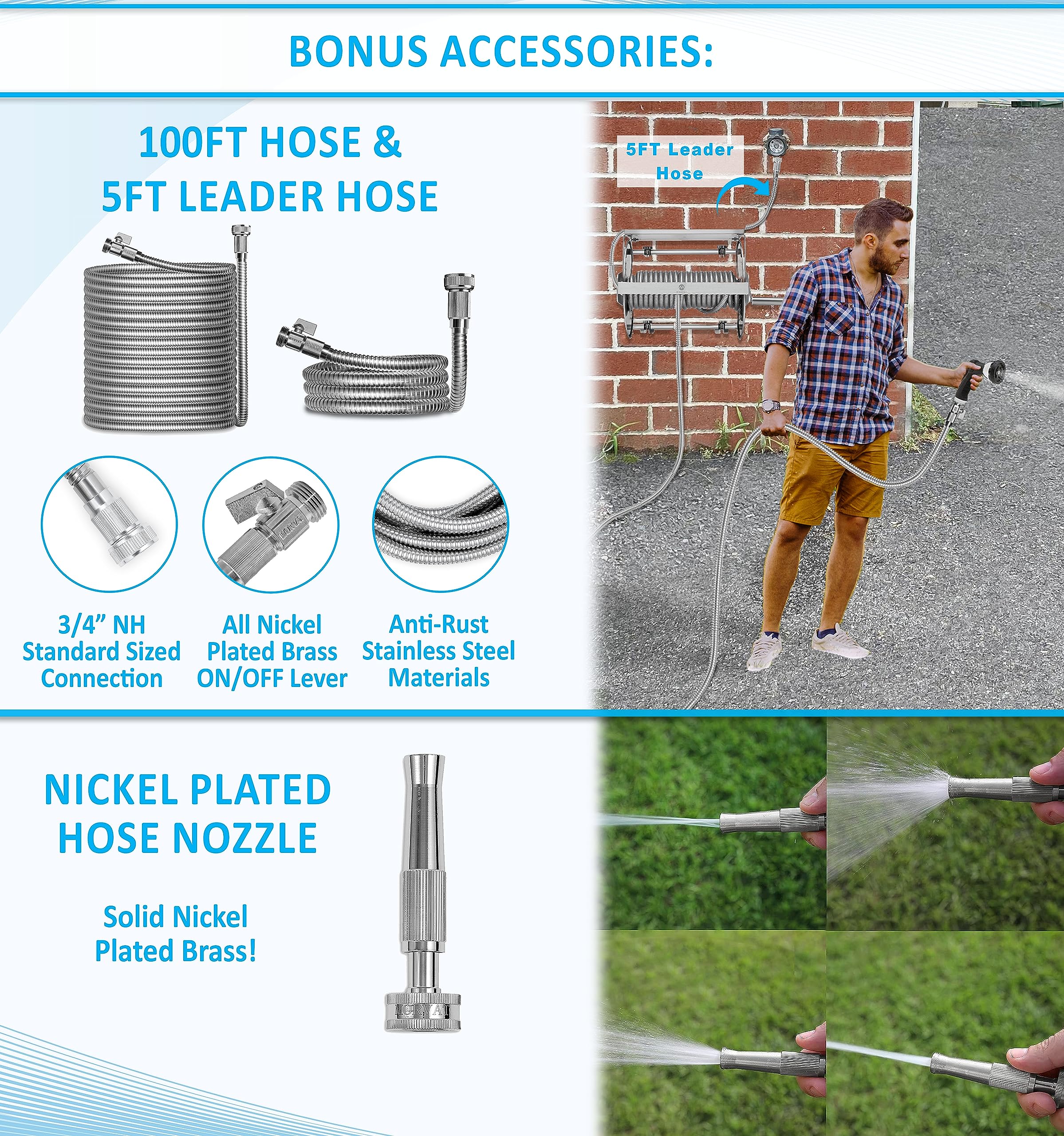 Morvat Stainless Steel Garden Hose Reel 150FT Hose Capacity Retraceable With Crank Handle, Heavy Duty Wall/Floor Mounted Water Hose, Includes 100FT Stainless-Steel Hose with On/Off Valve & Nozzle
