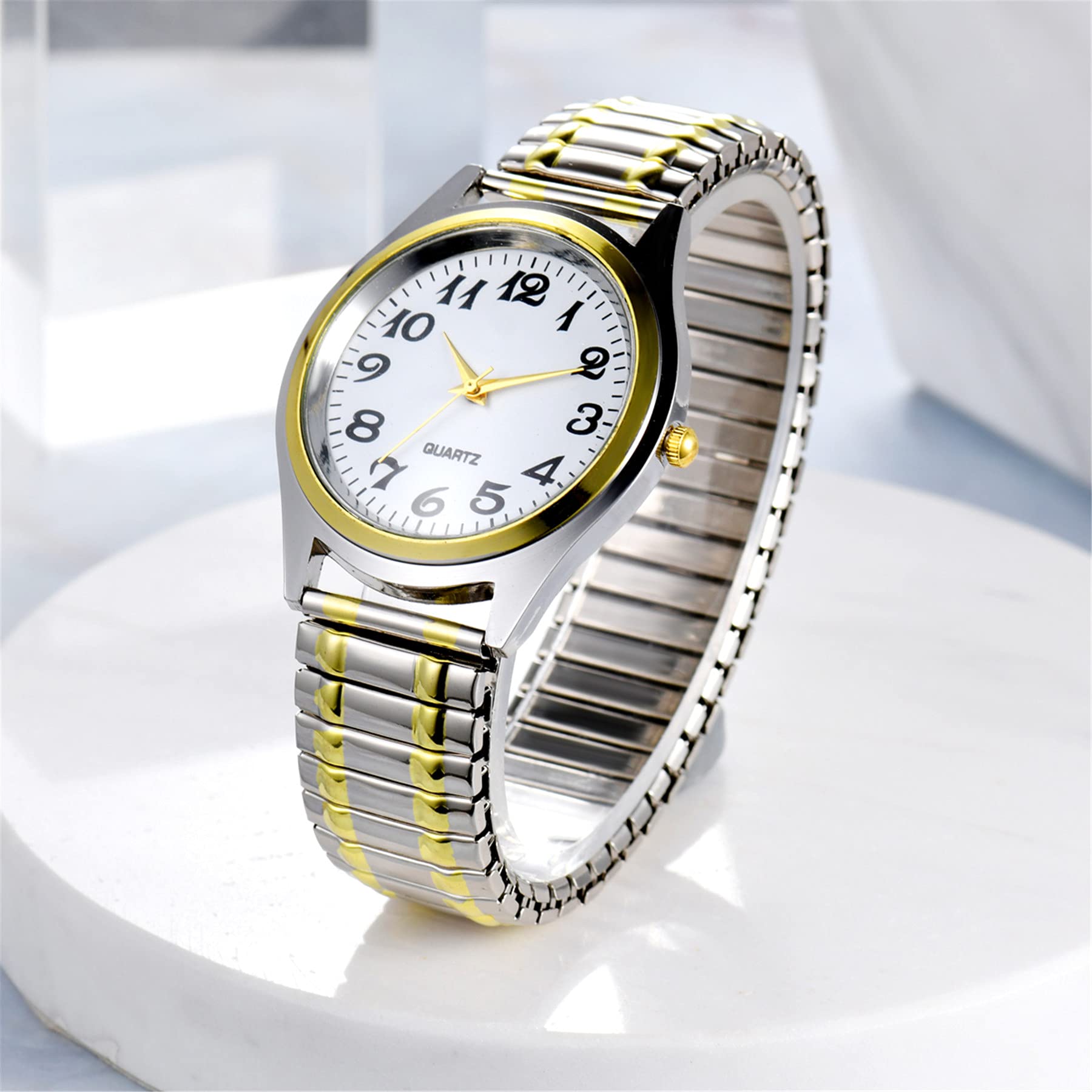 JewelryWe Mens Ultra Thin Easy Reader Watch with Elastic Strap Golden-Silver Watch