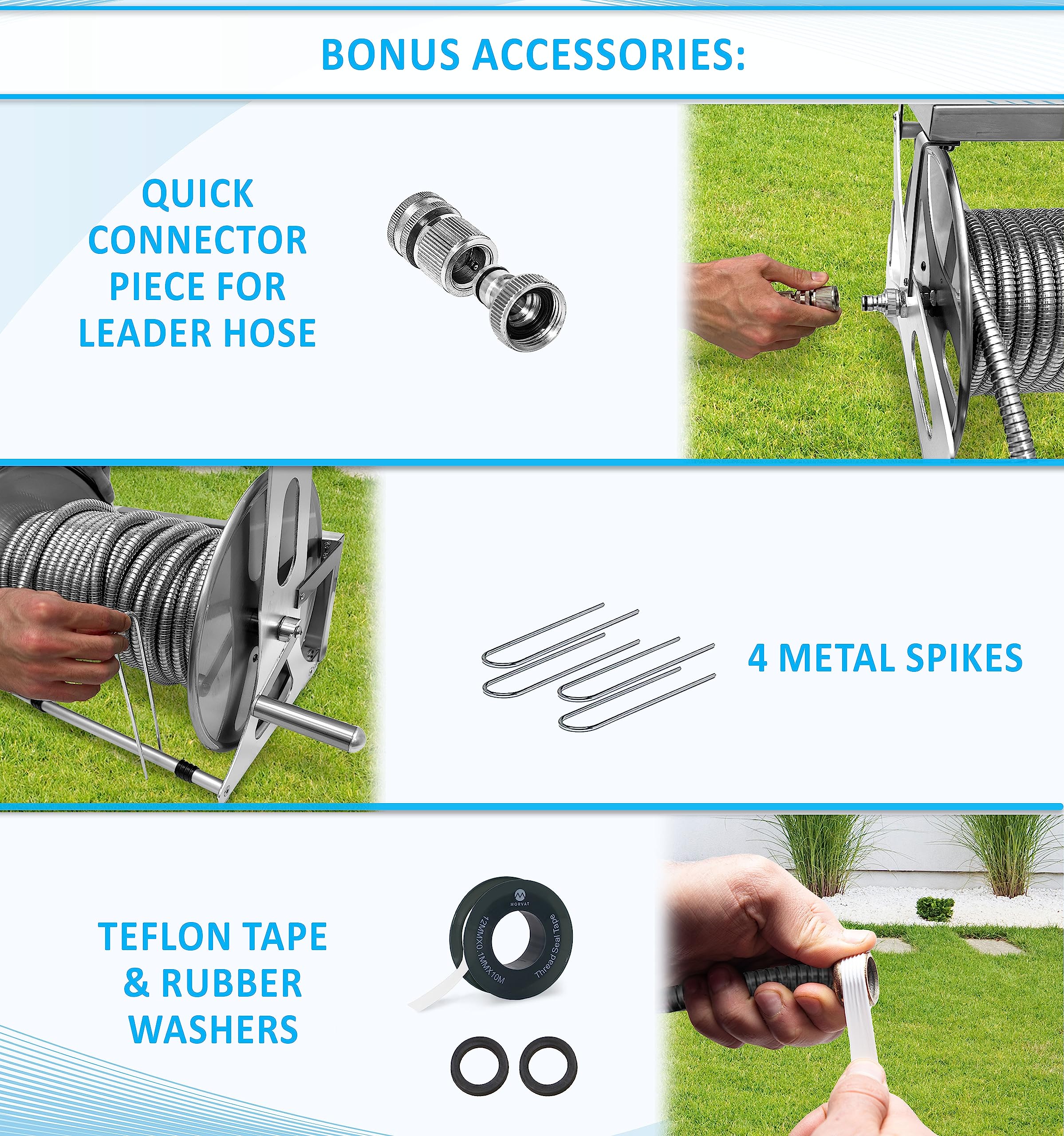 Morvat Stainless Steel Garden Hose Reel 150FT Hose Capacity Retraceable With Crank Handle, Heavy Duty Wall/Floor Mounted Water Hose, Includes 100FT Stainless-Steel Hose with On/Off Valve & Nozzle