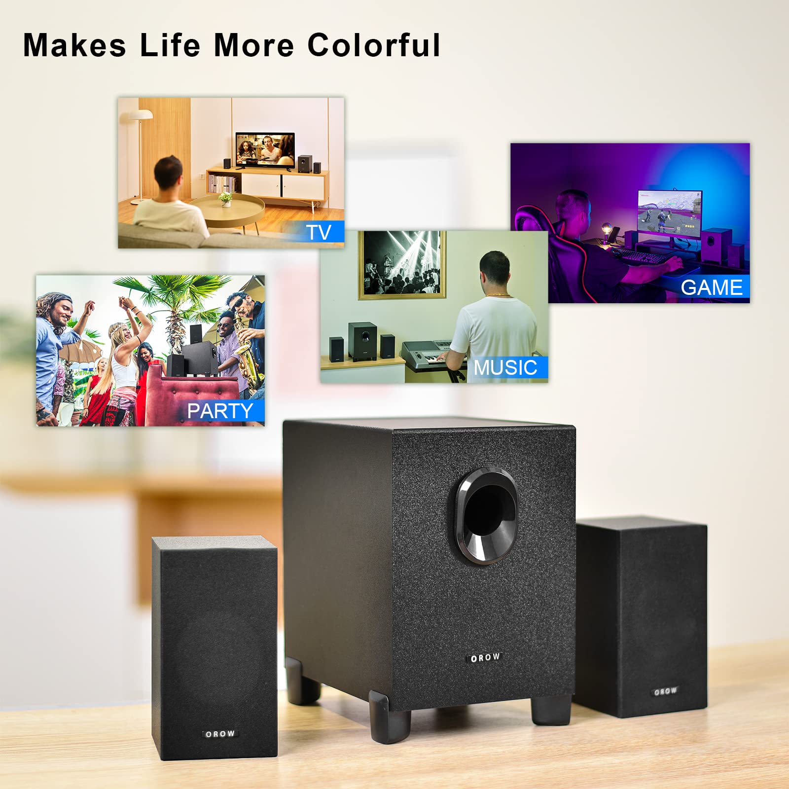 OROW S211 New USB-Powered 2.1 Multimedia Speakers System with Subwoofer,16W Computer Speakers,Strong Bass,3.5mm Audio Inputs,Great for PC/PS4/TV (Wooden)