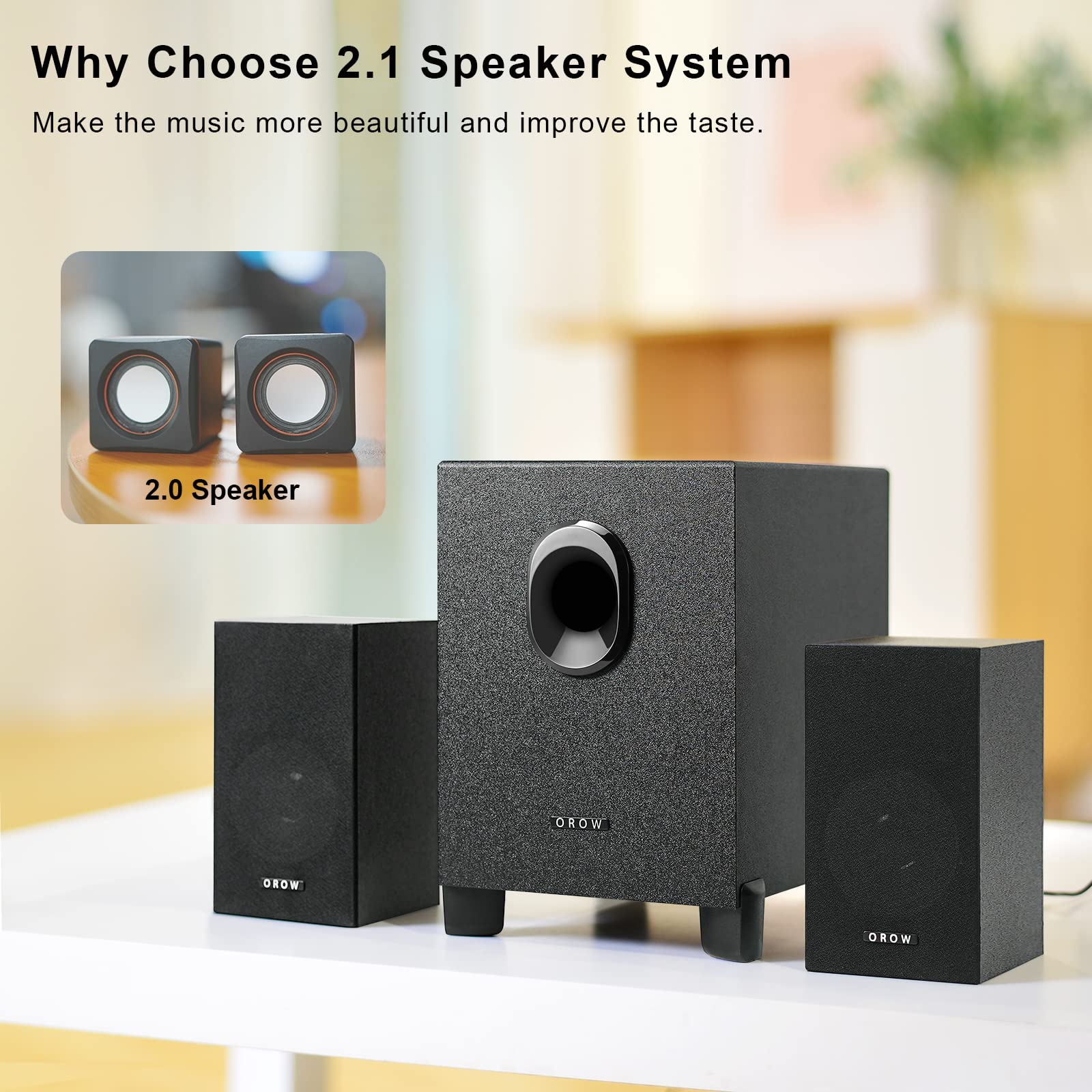 OROW S211 New USB-Powered 2.1 Multimedia Speakers System with Subwoofer,16W Computer Speakers,Strong Bass,3.5mm Audio Inputs,Great for PC/PS4/TV (Wooden)