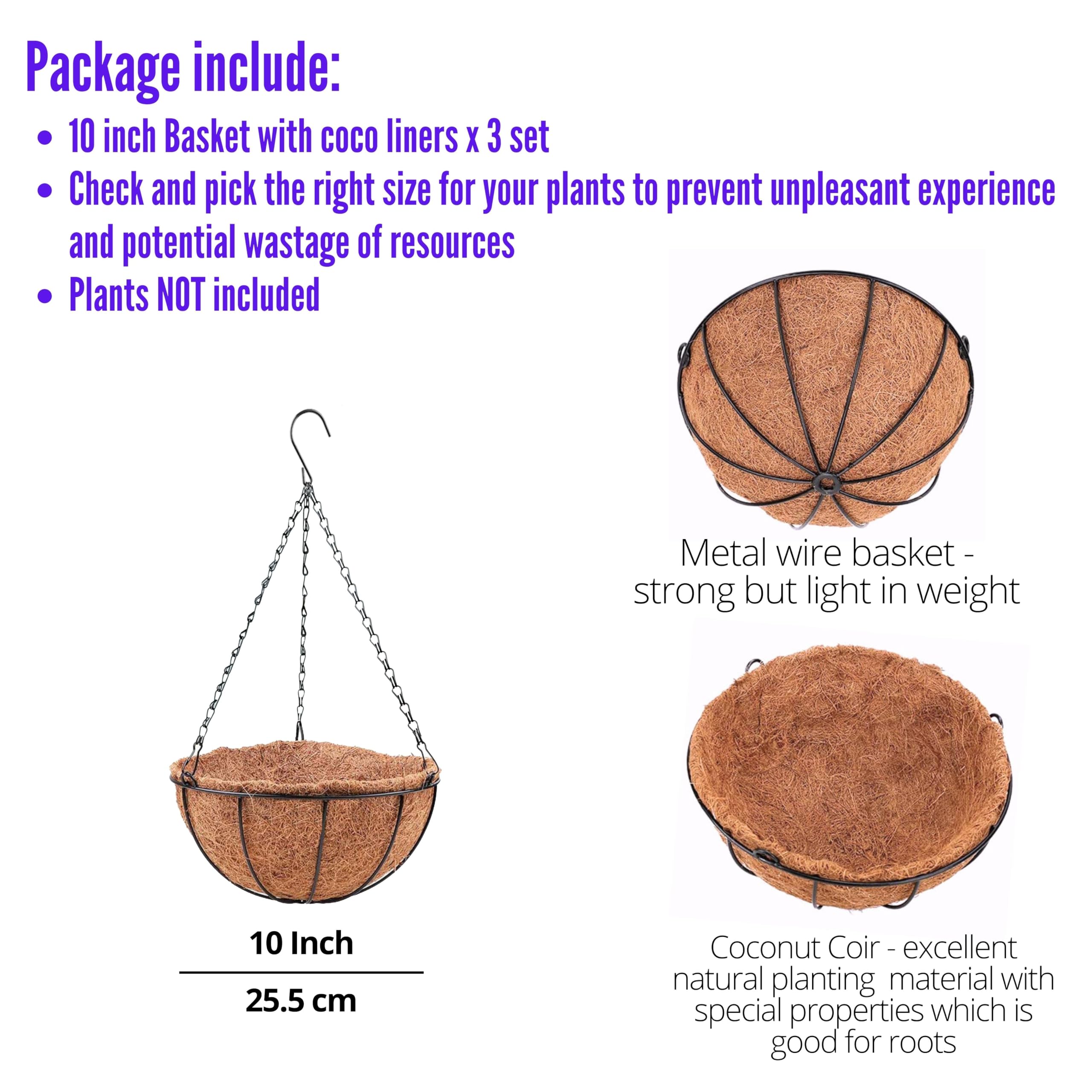 LaLaGreen Hanging Baskets for Plants (3 Pack, 10 Inch) Hanging Planter Outdoor with Coco Liner, Metal Wire Flower Basket Pots Holder Hanger Hook Deck Patio Porch Garden Balcony Outside Decoration
