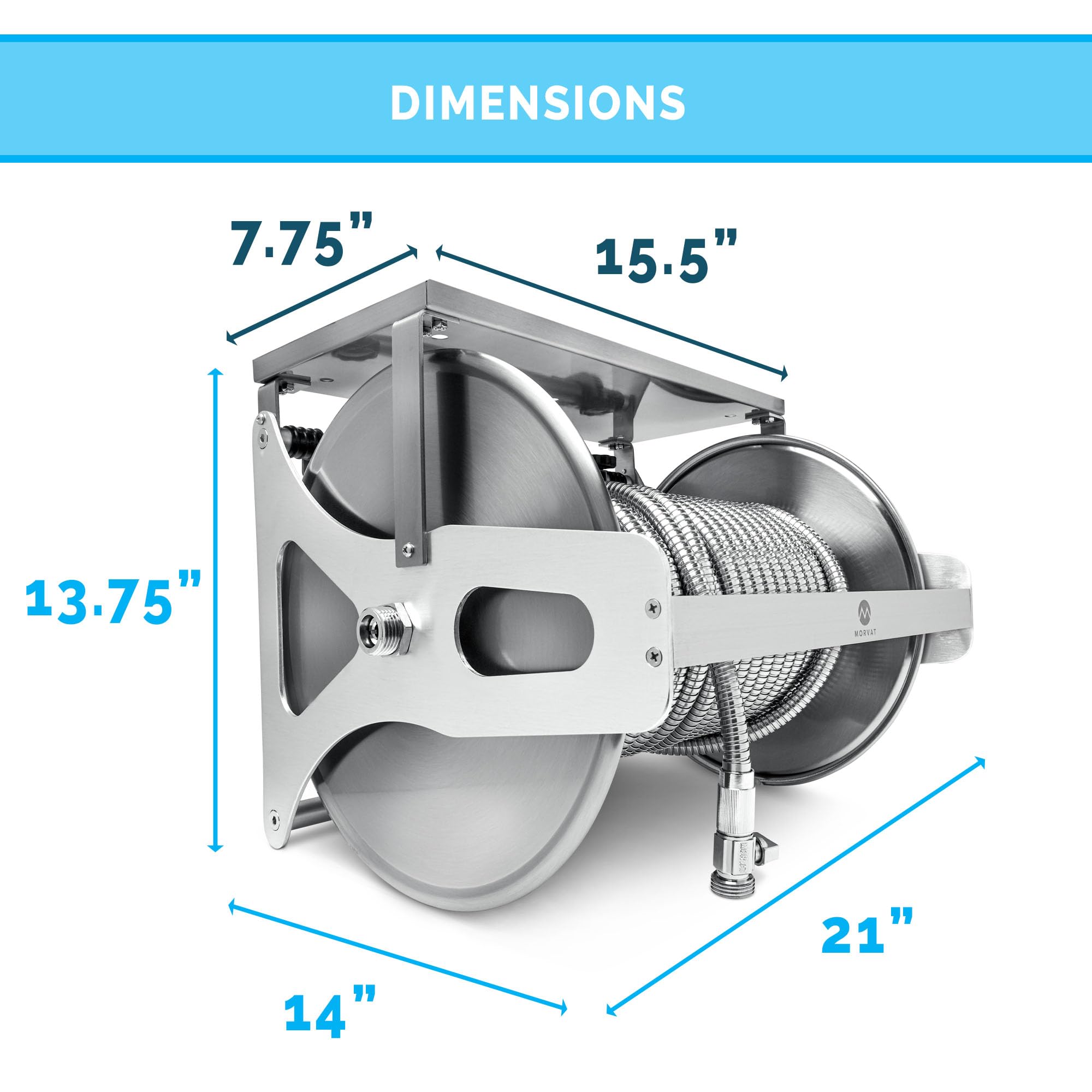 Morvat Stainless Steel Garden Hose Reel 150FT Hose Capacity Retraceable With Crank Handle, Heavy Duty Wall/Floor Mounted Water Hose, Includes 100FT Stainless-Steel Hose with On/Off Valve & Nozzle