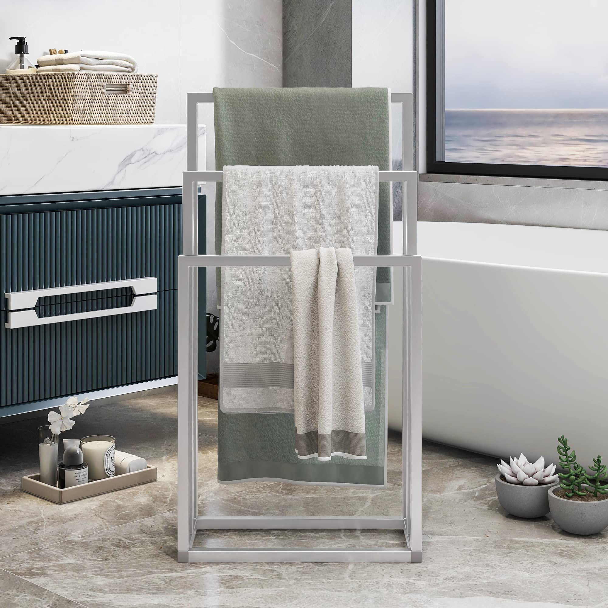 BOFENG Silver Metal Freestanding Towel Racks for Bathroom Towel Stand,3-Tier Floor Towel Rack Holder,Chrome Ladder Towel Racks Anti-Rust Bathroom Accessories Organizer for Bath Storage & Hand Towel