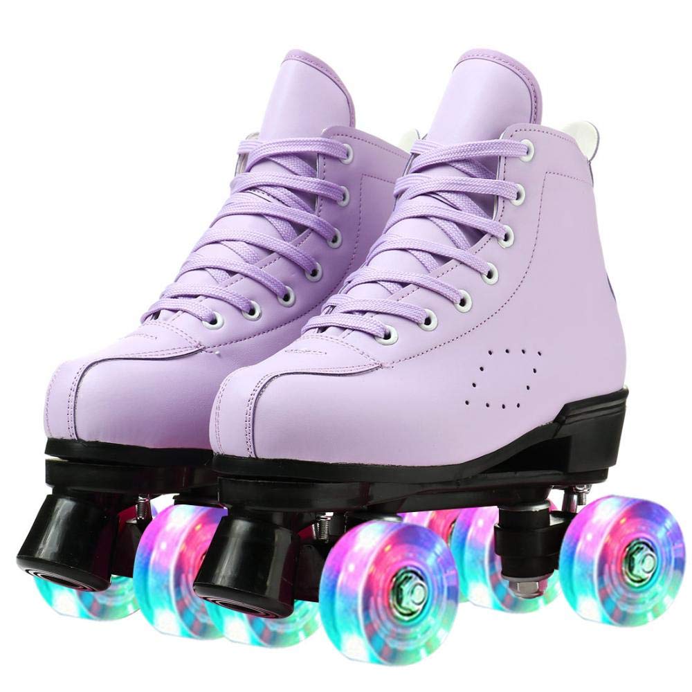 Women's Roller Skates Light Up Wheels, Adjustable Double Row Roller Skates Outdoor Shiny Derby Skates Illuminating for Teens and Youth (Purple Flash,9.5)