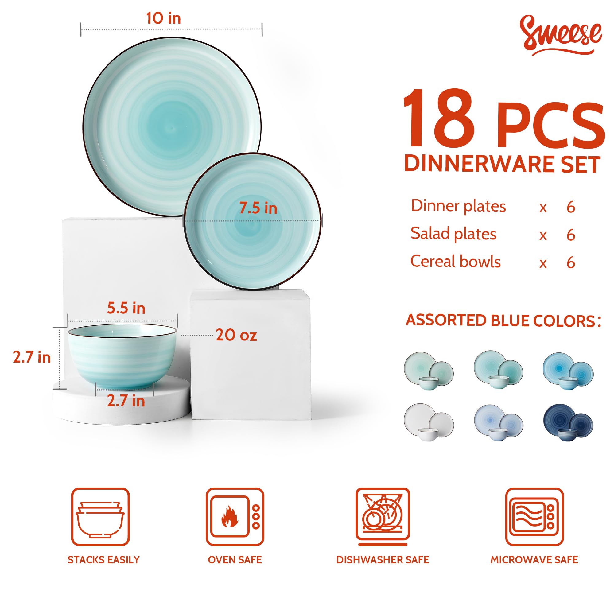 Sweese Plates and Bowls Sets, 18 Piece Dinnerware Set Porcelain Round Dinner Set for 6, Scratch Resistant Dishes Set, Dishwasher and Oven Microwave Safe Handpainted Swirl Dishware Sets, Assorted Blue