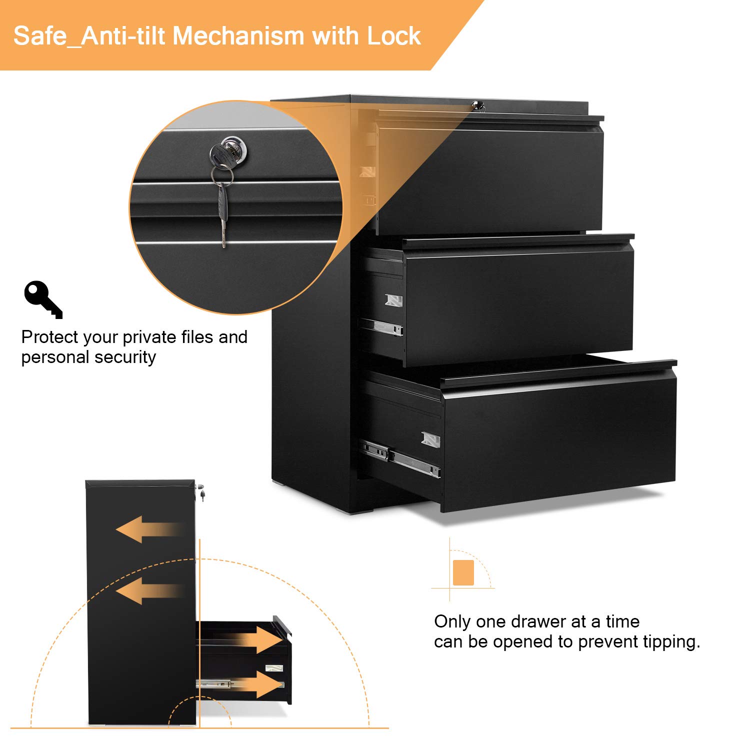Aobabo 3 Drawer Lateral Steel File Organizing Cabinet with Locking System and Adjustbale Hanging Bars for Letter/Legal Size Paper, Black