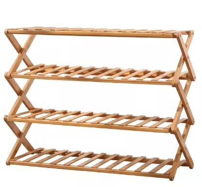 Mandorra Bamboo Shoe Rack 4 Tier Space Saving Free Standing Shoe Shelf No Assembly Foldable Shoe Rack Storage Organizer for Closet Hallway Bathroom Living Room Bedroom, Balcony, Folding (Natural)