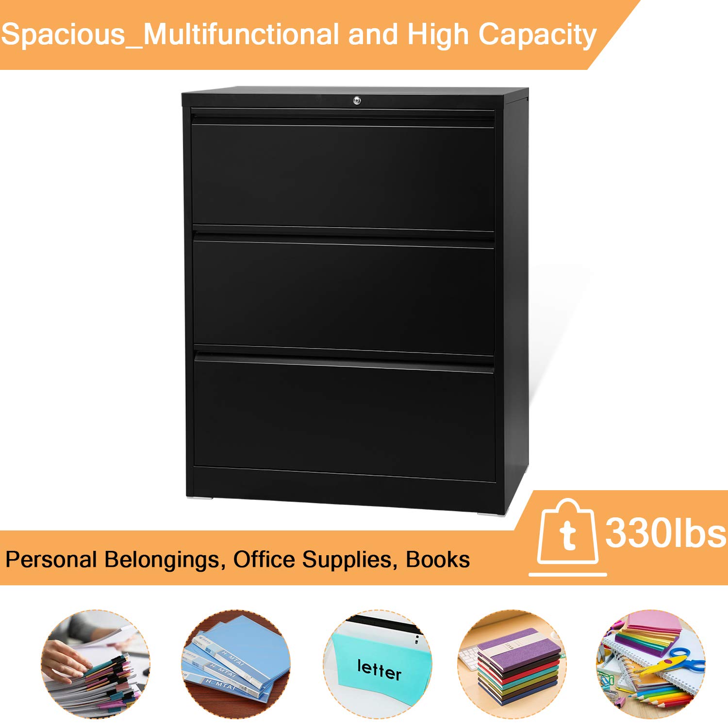 Aobabo 3 Drawer Lateral Steel File Organizing Cabinet with Locking System and Adjustbale Hanging Bars for Letter/Legal Size Paper, Black