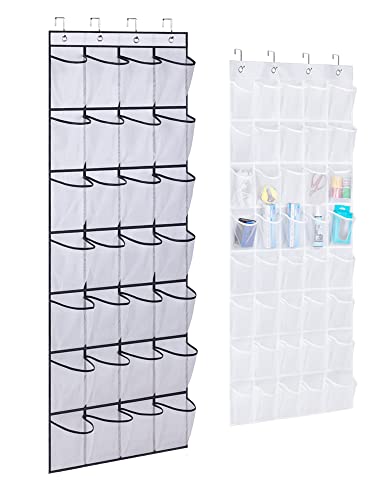 AOODA 28 Large Mesh Pockets Over The Door Shoe Organizer Hanging, 40 Pockets Over The Door Hanging Pantry Snack Organizer, Both in White Color, 2 Item Bundle