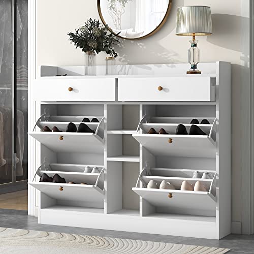 Polibi Shoe Storage Cabinet with 4 Flip Drawers and Open Shelves, Free Standing Shoe Rack Modern Shoe Organizer for Living Room, Bedroom, Entryway, Hallway, White