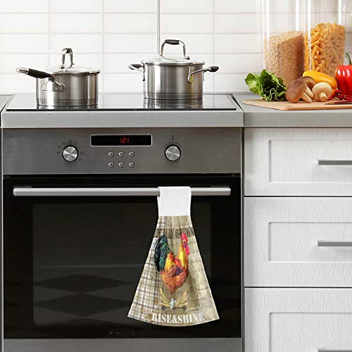 Rooster Daisy Plaid Kitchen Hanging Towel 12 x 17 Inch Flowers Chicken Wheat Hand Tie Towels Set 2 Pcs Tea Bar Dish Cloths Dry Towel Soft Absorbent Durable for Bathroom Laundry Room Decor