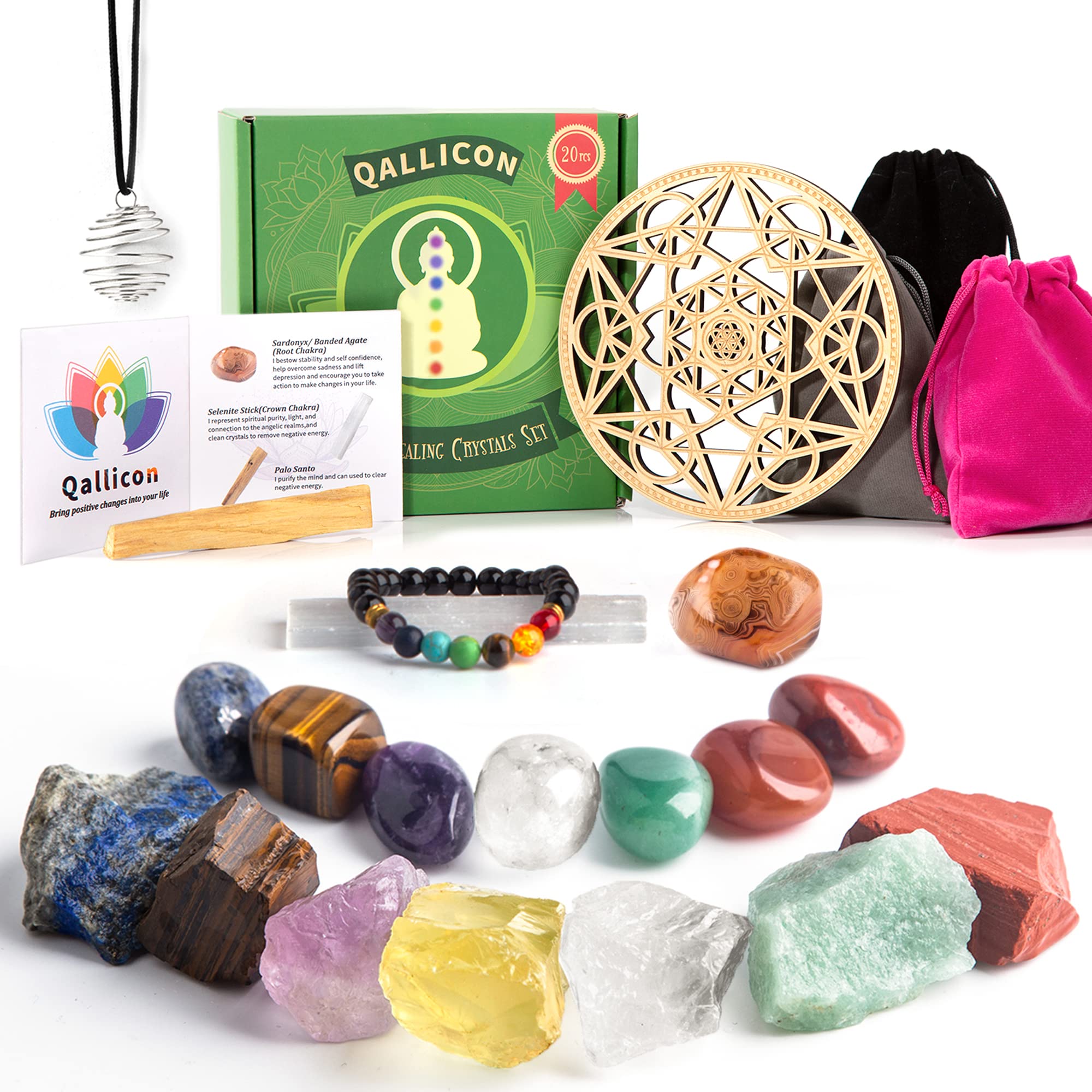 Crystals and Healing Stones, Healing Crystals for Beginners Set Gifts for Mothers Day, Include 7 Chakra Stones, 7 Tumbled Stones, Bracelet, Necklace, Selenite, Palo Santo for Positive Energy
