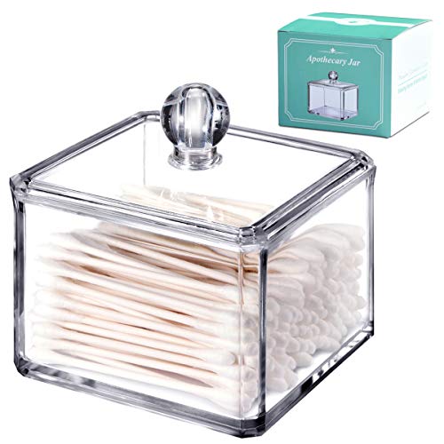 Modern Square Qtip Holder Acrylic Bathroom Vanity Countertop Storage Organizer Canister Jar for Cotton Swabs, Rounds, Balls, Makeup Sponges, Bath Salts - 2 Pack - Clear