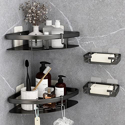 Corner Shower Caddy Black 2 Pack With 2 Soap Dishes, No Drilling Wall Mounted Shower Organizer With 4 Movable Hooks, Space Aluminum Rustproof Shower Shelf For Bathroom