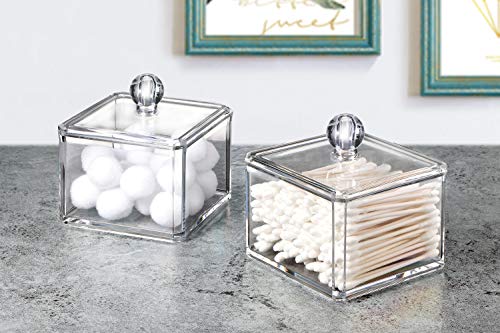Modern Square Qtip Holder Acrylic Bathroom Vanity Countertop Storage Organizer Canister Jar for Cotton Swabs, Rounds, Balls, Makeup Sponges, Bath Salts - 2 Pack - Clear
