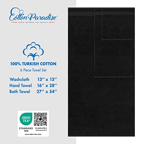 Cotton Paradise 6 Piece Towel Set, 100% Turkish Cotton Soft Absorbent Towels for Bathroom, 2 Bath Towels 2 Hand Towels 2 Washcloths, Black Towel Set