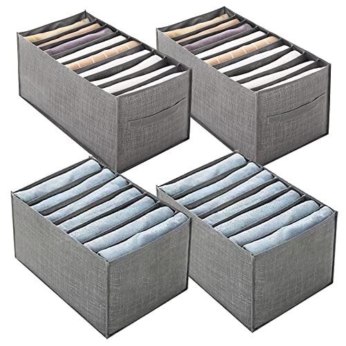 Wardrobe Clothes Organizer for Jeans,4PCS Foldable Jeans Organizer,Pant Organizer for Drawer for Clothes T-shirt Leggings Jeans and Pants Organization,7+9 Grids,Grey