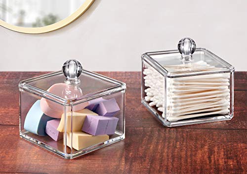 Modern Square Qtip Holder Acrylic Bathroom Vanity Countertop Storage Organizer Canister Jar for Cotton Swabs, Rounds, Balls, Makeup Sponges, Bath Salts - 2 Pack - Clear