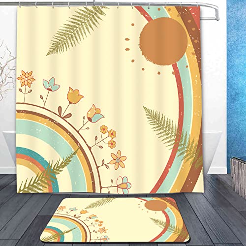 Mitterm Boho Bathroom Rugs Sets 2 Piece with Fabric Shower Curtain Bathroom Decor Sets Non Slip Diatomaceous Earth Bath mats for Bathroom Extra Absorbent Fast Water Drying for Boys,Girls(Beige/Cream)