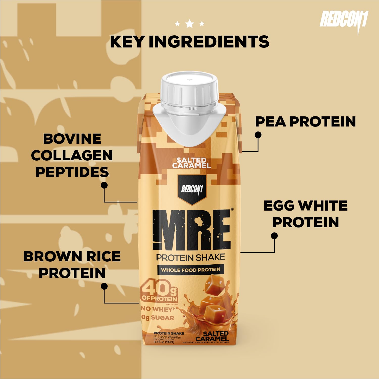 REDCON1 MRE Ready to Drink Protein Shakes, Salted Caramel - Protein Drinks with Whole Food Sources - Sugar Free RTD Shake Formulated to Fuel Athletes at Any Time (12 Pack)