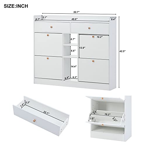 Polibi Shoe Storage Cabinet with 4 Flip Drawers and Open Shelves, Free Standing Shoe Rack Modern Shoe Organizer for Living Room, Bedroom, Entryway, Hallway, White