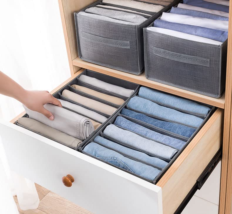 Wardrobe Clothes Organizer for Jeans,4PCS Foldable Jeans Organizer,Pant Organizer for Drawer for Clothes T-shirt Leggings Jeans and Pants Organization,7+9 Grids,Grey
