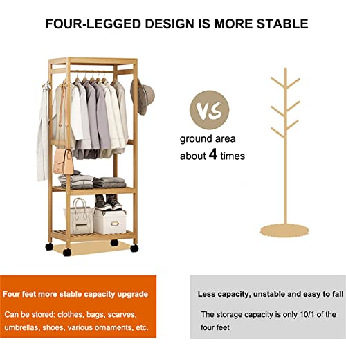 YXDFG Bamboo Garment Coat Clothes Hanging Heavy Duty Rack,Portable Rolling Garment Rack with Wheels, with Top Shelf and Shoe Clothing Storage Organizer Shelves,Dark,59×35×165cm