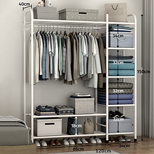 ZBYL Metal Clothing Wardrobe Garment Rack, Freestanding Clothes Rail Closet Rack Double Rod Laundry Hanging Rack, Portable Organizer with Bottom Rack, 105×150cm (Color : White)