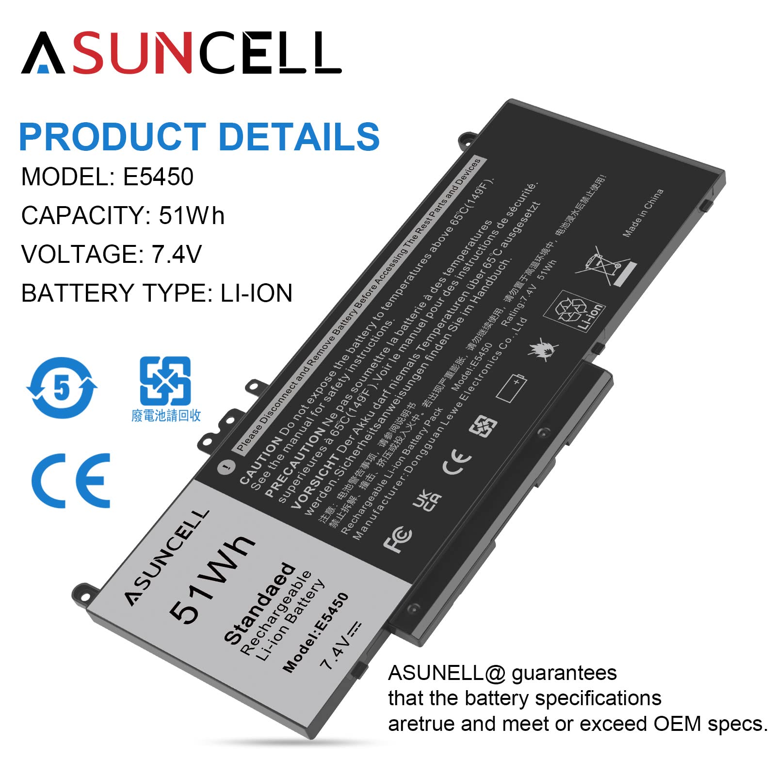 ASUNCELL 51Wh G5M10 Battery for Dell Latitude 14 E5450 5450 15 E5550 5550 12 E5250 5250 3150 3160 3550 Series VMKXM 451-BBLN G5M10 08V5GX 5XFWC, 7.4V 4-Cell