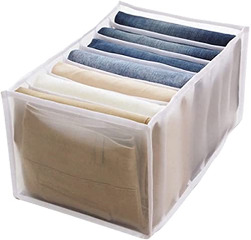 Mandurs 7 Grids Washable Wardrobe Clothes Organizer,Jeans Compartment Storage Box,Foldable Closet Drawer Organizer Clothes Drawer Mesh Separation Box,Clothes Drawer Organizer (White)