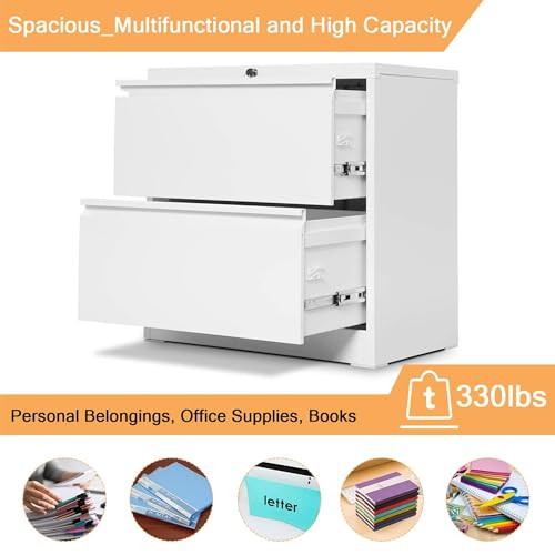 Aobabo 28.25 Inch Long Locking 2 Drawer Anti-Tilt Metal Office Storage Filing Cabinet with File Hanging Bar and 2 Keys, White