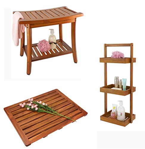 Utoplike Teak Shower Bench Seat with Handles, 3 Tier Shower Caddy Corner Standing Shower Organizer, 24" x 18" Teak Bath Mat