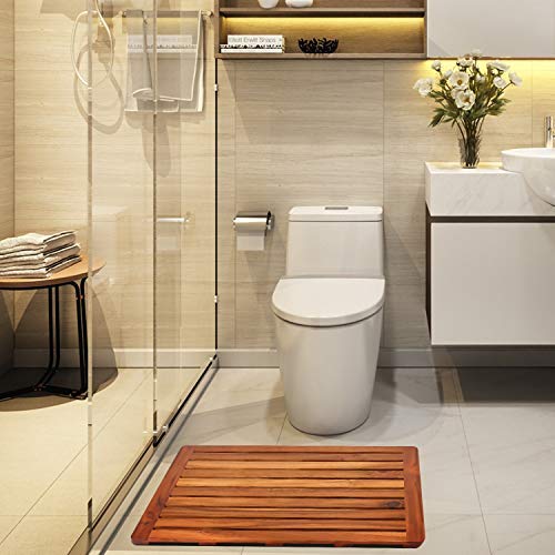 Utoplike Teak Shower Bench Seat with Handles, 3 Tier Shower Caddy Corner Standing Shower Organizer, 24" x 18" Teak Bath Mat
