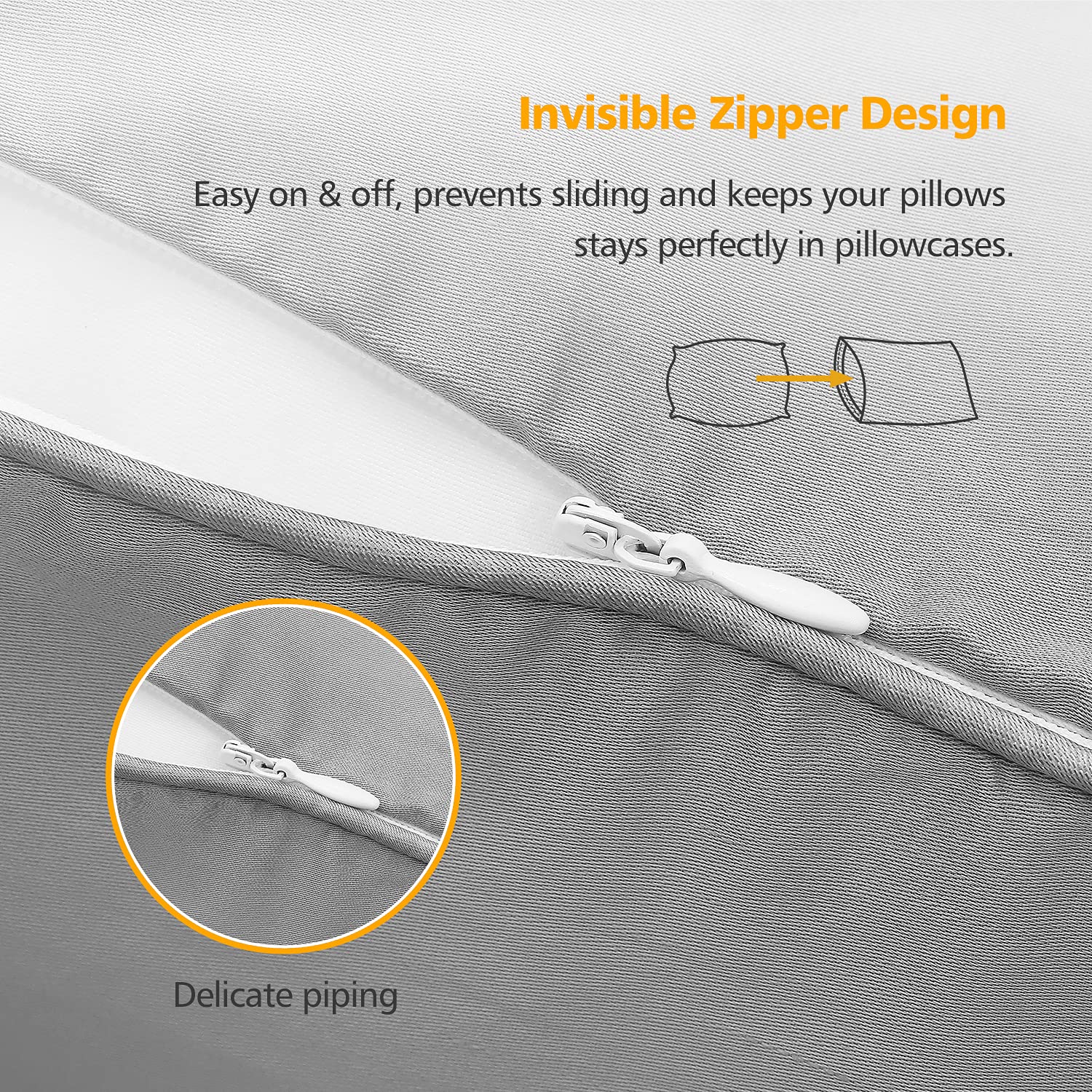 Bedemu King Size Pillow Cases Set of 2-Grey Cotton Zipper Pillow Cases with Zippered Hidden, Ultra Soft Pillow Covers with Piping for Easy Care, 600 Thread Count & Breathable Pillow Case, 20”x36”, 2P