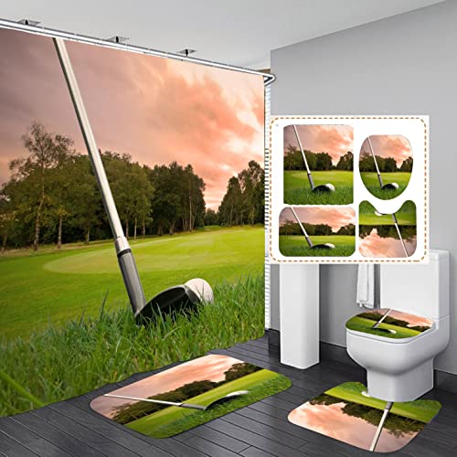 Golf Bathroom 4 Pieces Set Shower Curtain, Toilet Lid Cover and Bath Mat, Non-Slip Rugs, Durable and Waterproof, for Bathroom Decor Set, 72" x 72"