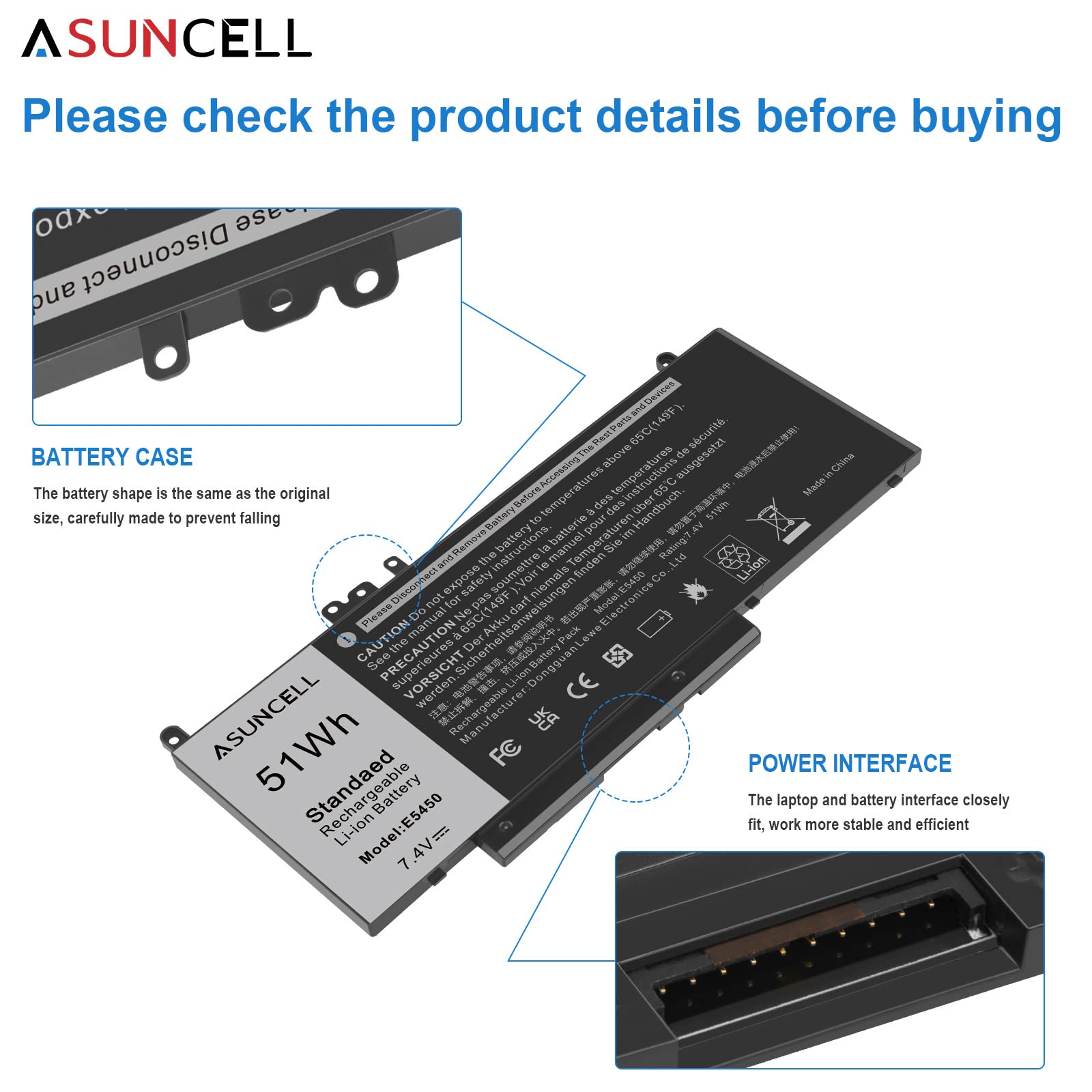 ASUNCELL 51Wh G5M10 Battery for Dell Latitude 14 E5450 5450 15 E5550 5550 12 E5250 5250 3150 3160 3550 Series VMKXM 451-BBLN G5M10 08V5GX 5XFWC, 7.4V 4-Cell