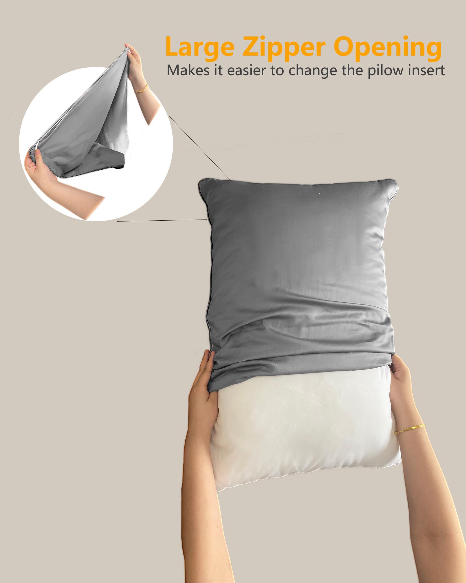 Bedemu King Size Pillow Cases Set of 2-Grey Cotton Zipper Pillow Cases with Zippered Hidden, Ultra Soft Pillow Covers with Piping for Easy Care, 600 Thread Count & Breathable Pillow Case, 20”x36”, 2P