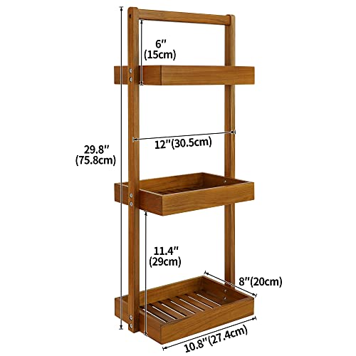 Utoplike Teak Shower Bench Seat with Handles, 3 Tier Shower Caddy Corner Standing Shower Organizer, 24" x 18" Teak Bath Mat