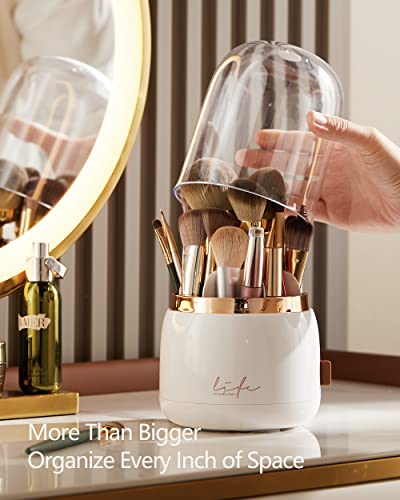 Lebenrich Rotating Makeup Brush Holder Organizer with Lid, Spinning Brush Holder Makeup Organizer with Clear Cover, Acrylic Cosmetics Make Up Brushes Storage Cup Container for Vanity (Light Green)