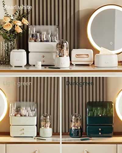 Lebenrich Rotating Makeup Brush Holder Organizer with Lid, Spinning Brush Holder Makeup Organizer with Clear Cover, Acrylic Cosmetics Make Up Brushes Storage Cup Container for Vanity (Light Green)