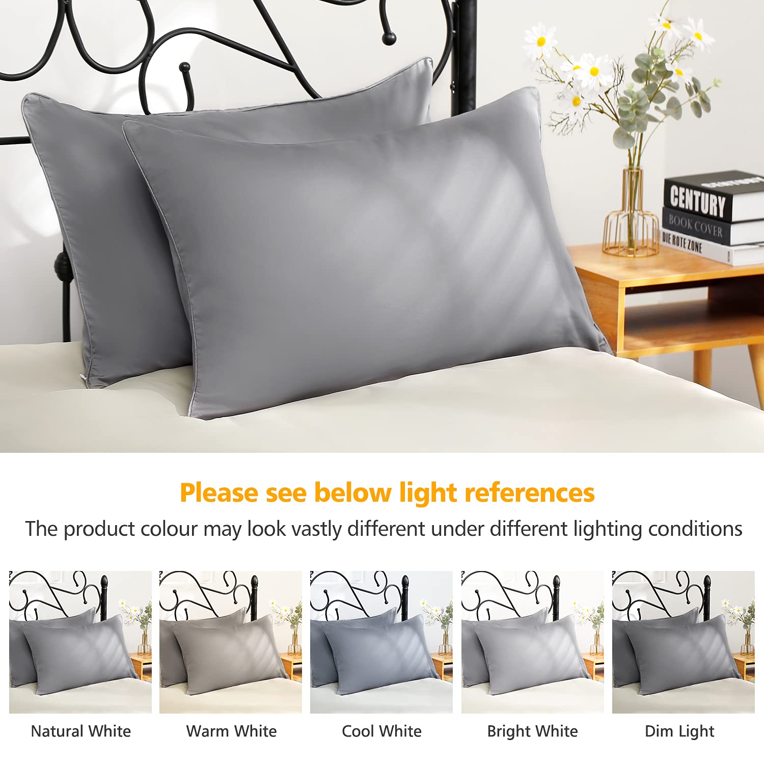 Bedemu King Size Pillow Cases Set of 2-Grey Cotton Zipper Pillow Cases with Zippered Hidden, Ultra Soft Pillow Covers with Piping for Easy Care, 600 Thread Count & Breathable Pillow Case, 20”x36”, 2P