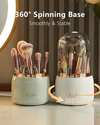 Lebenrich Rotating Makeup Brush Holder Organizer with Lid, Spinning Brush Holder Makeup Organizer with Clear Cover, Acrylic Cosmetics Make Up Brushes Storage Cup Container for Vanity (Light Green)