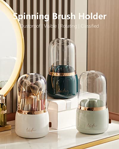 Lebenrich Rotating Makeup Brush Holder Organizer with Lid, Spinning Brush Holder Makeup Organizer with Clear Cover, Acrylic Cosmetics Make Up Brushes Storage Cup Container for Vanity (Light Green)