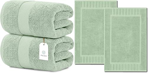 White Classic Luxury Bath Sheet | 2 Pack Luxury Bath Mat | 2 Pack Bundle (Green)