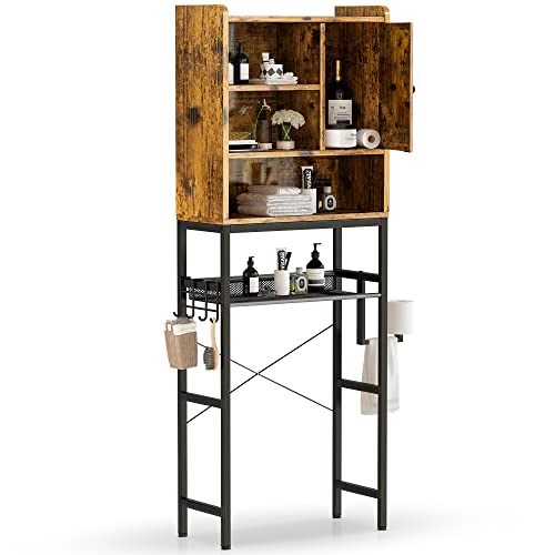 AWQM Over The Toilet Storage Cabinet, Bathroom Cabinet Organizer with Adjustable Shelf, Freestanding Space Saver Toilet Stands with Door, Paper Hook, Multifunctional Bathroom Toilet Rack, Rustic Brown